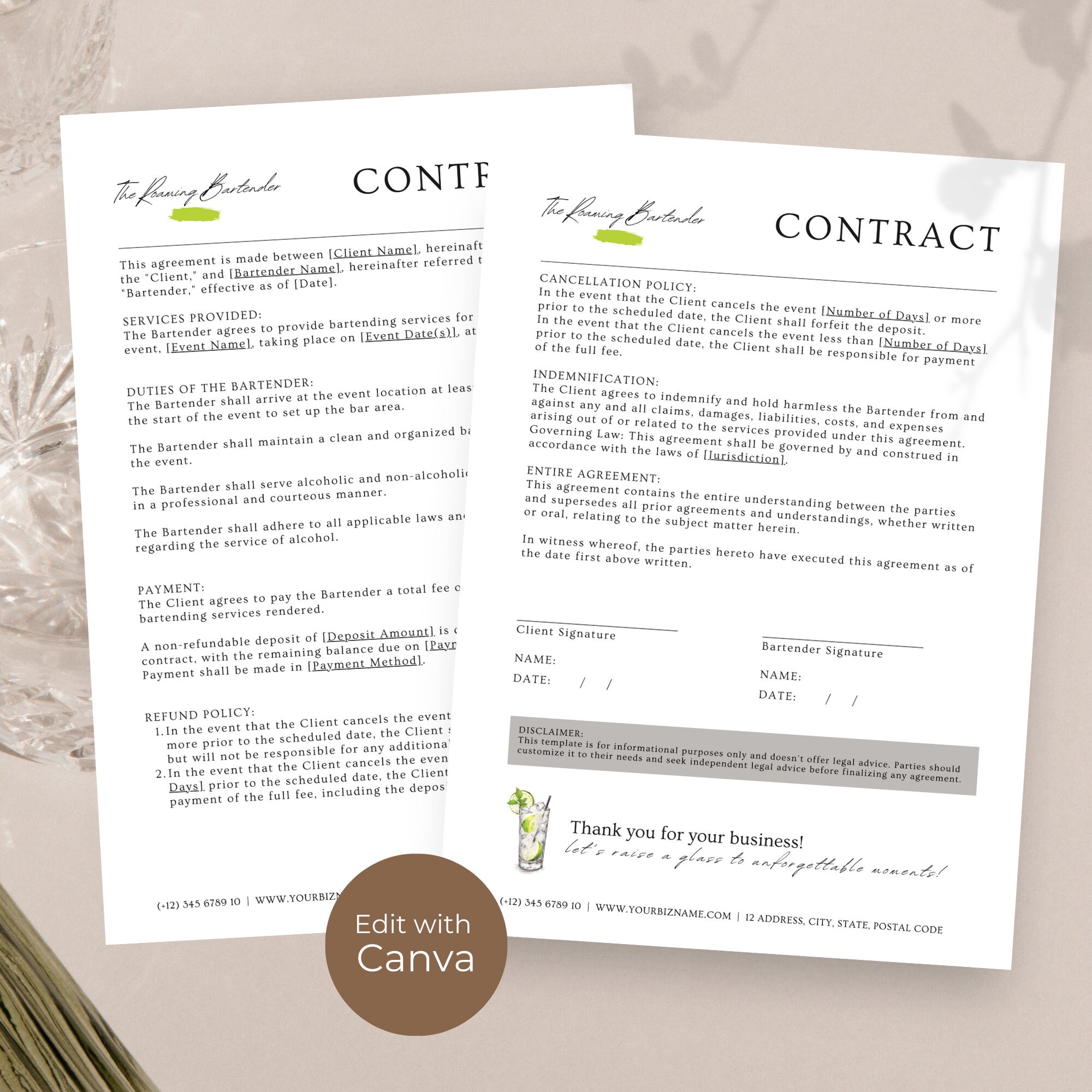 Bartending Contract, Editable in Canva, Mobile Bar Business Agreement ...