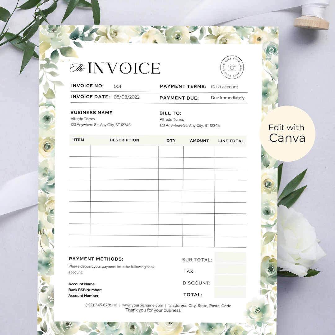 Wedding Florist Invoice Canva Template, Boutique Flower Shop Quotation ...
