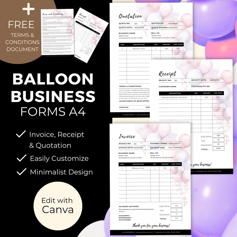 Balloon Business Receipt Template A4, Invoice Document, Balloon Artist ...