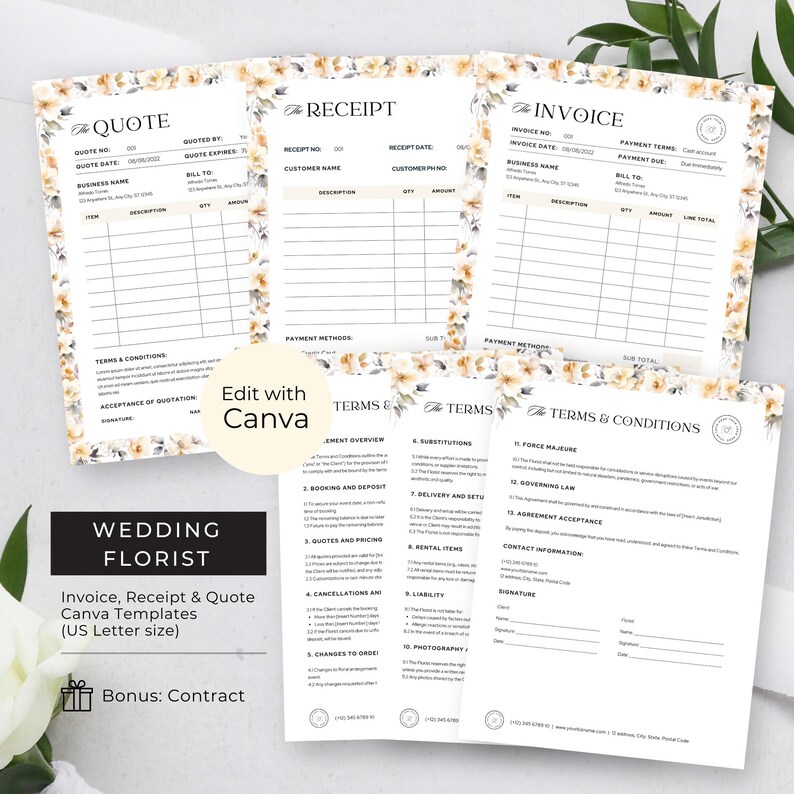 Wedding Florist Invoice Canva Template, Boutique Flower Shop Quotation ...
