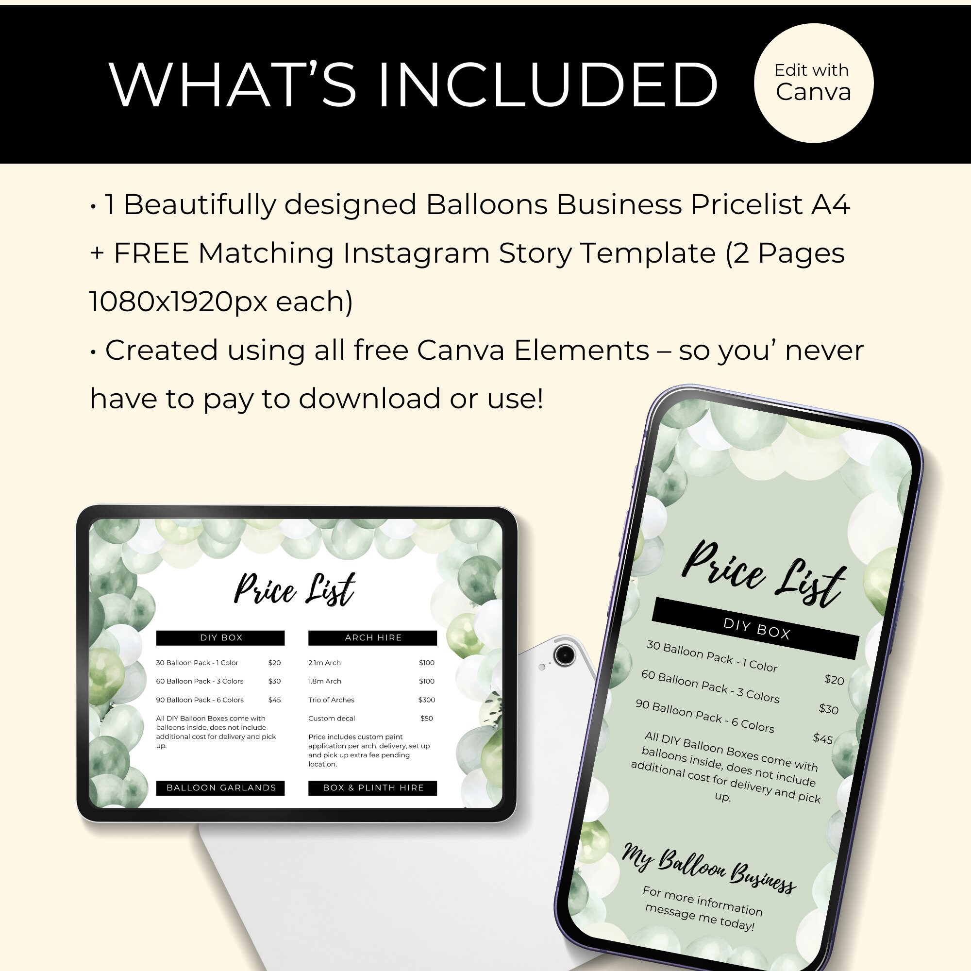 Balloon Garland Price List A4, Balloon Business Pricing List, Editable ...