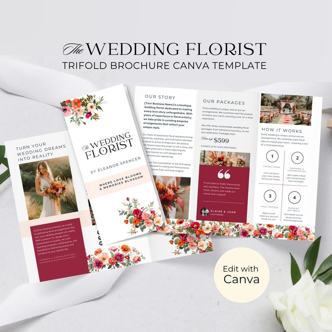 Wedding Florist Leaflet Canva Template, Boutique Flower Shop Trifold ...