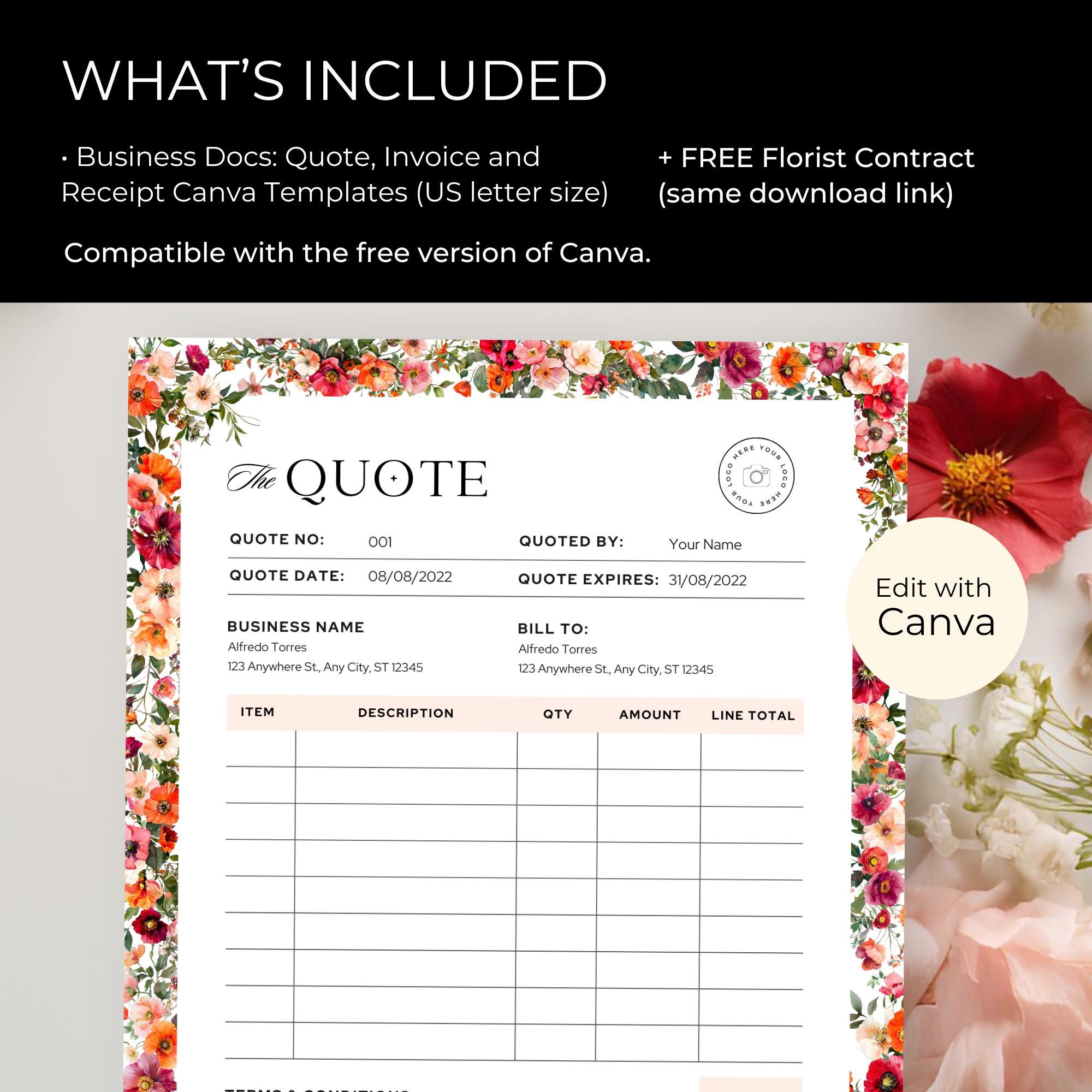 Wedding Florist Invoice Canva Template, Boutique Flower Shop Quotation ...