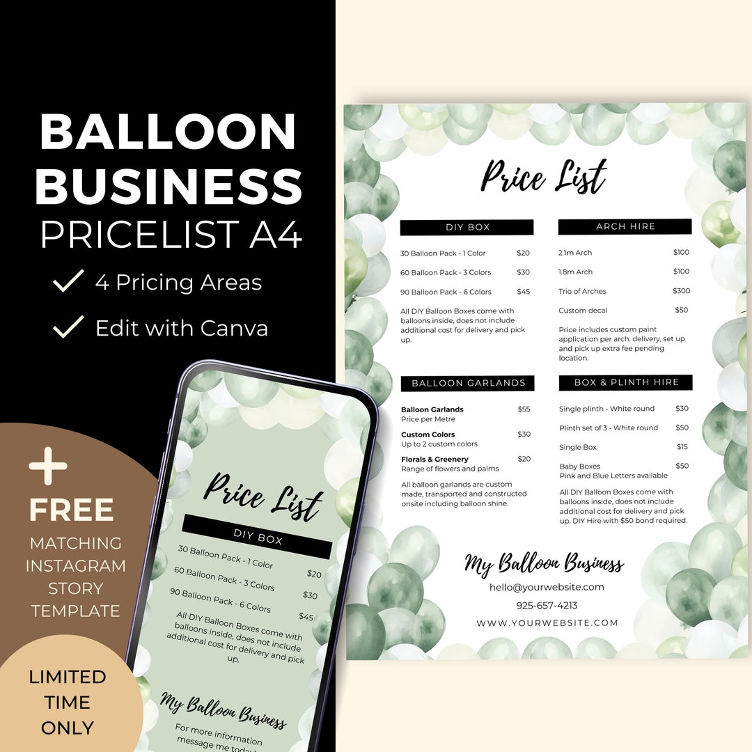 Balloon Garland Price List A4, Balloon Business Pricing List, Editable ...