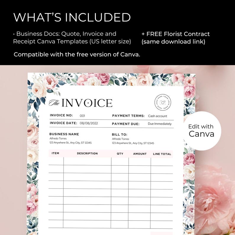 Wedding Florist Invoice Canva Template, Boutique Flower Shop Quotation ...