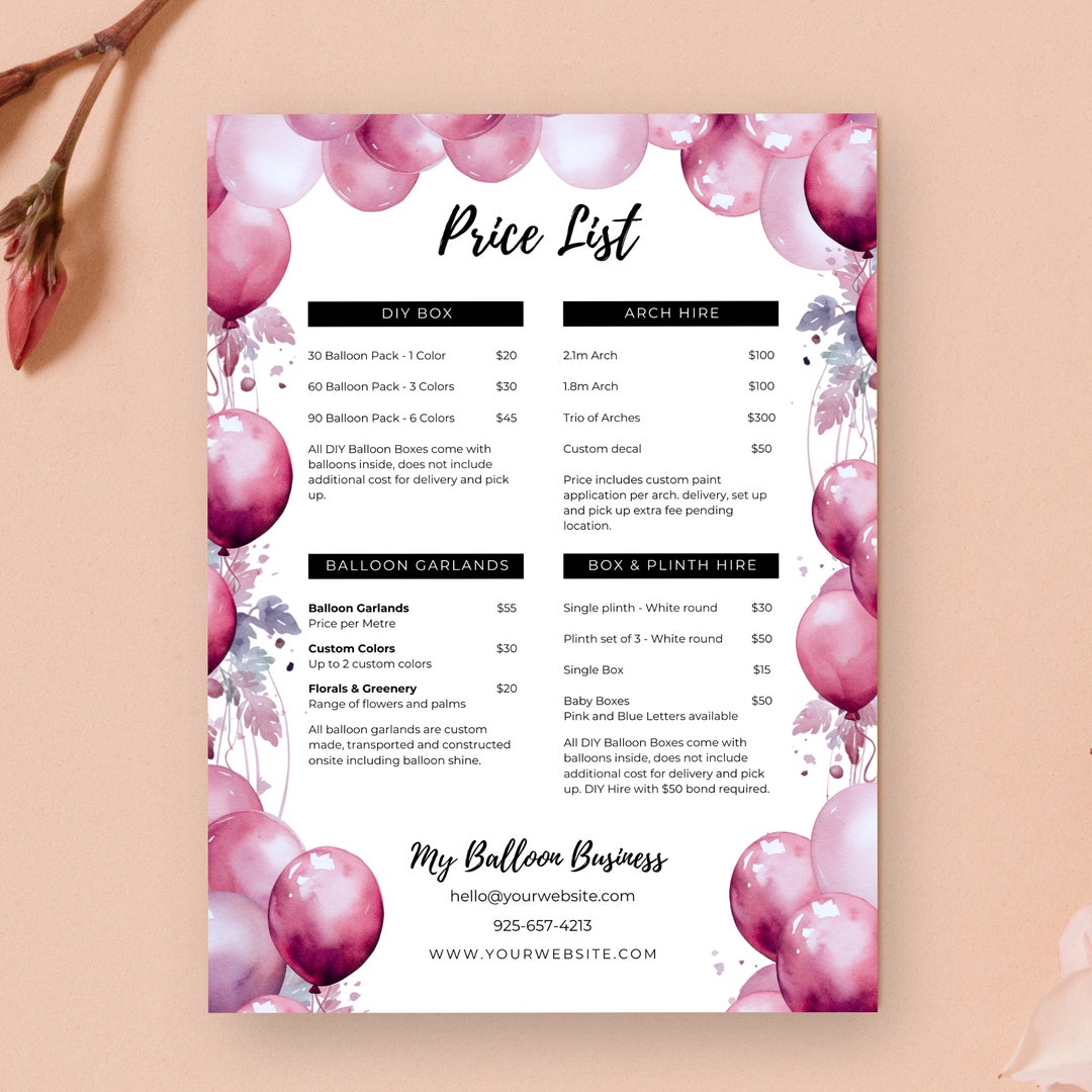 Balloon Business Price List Canva Template, Balloon Services Flyer ...