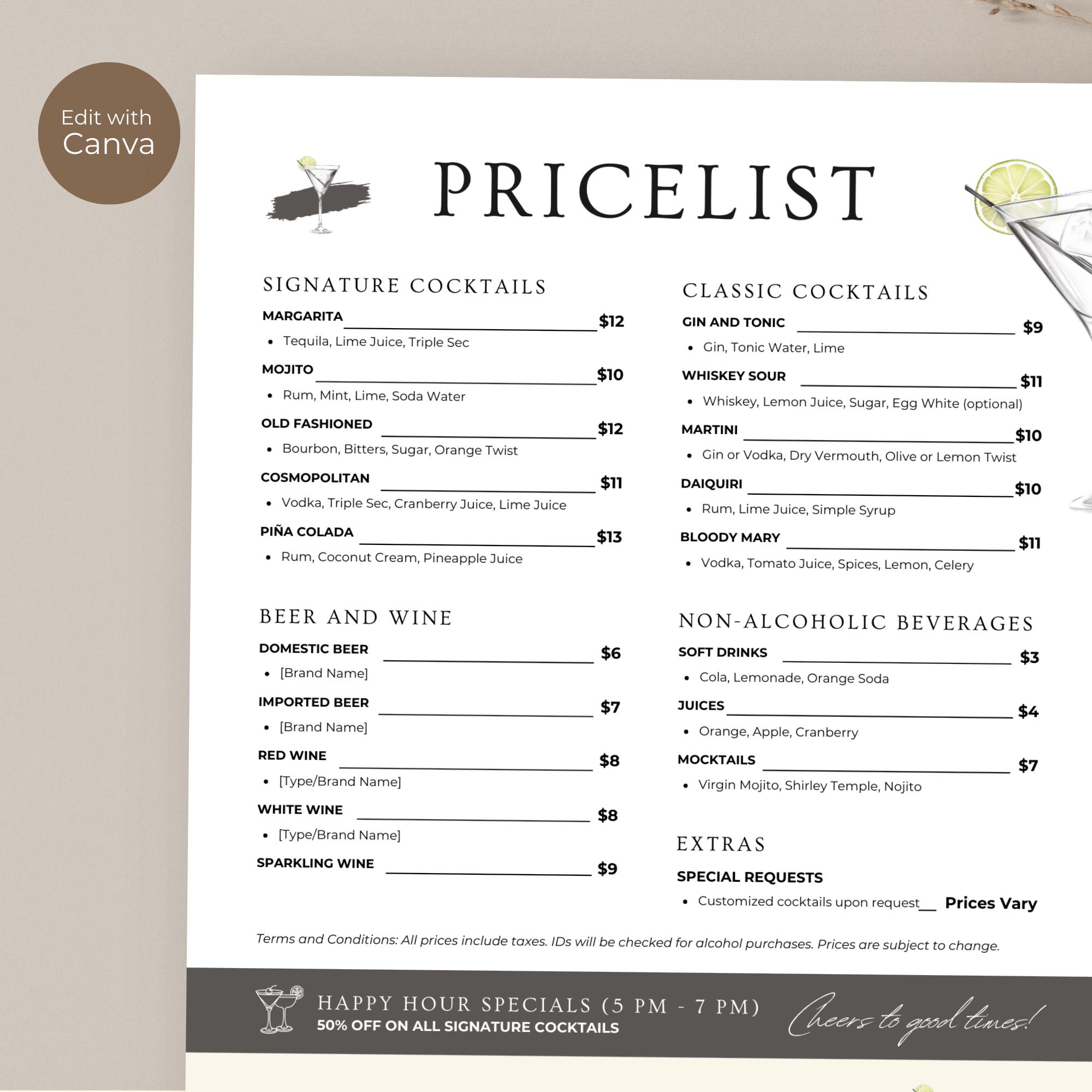 Mobile Bar Price List Template, Customizable Bar Menu, Cocktail Bar ...