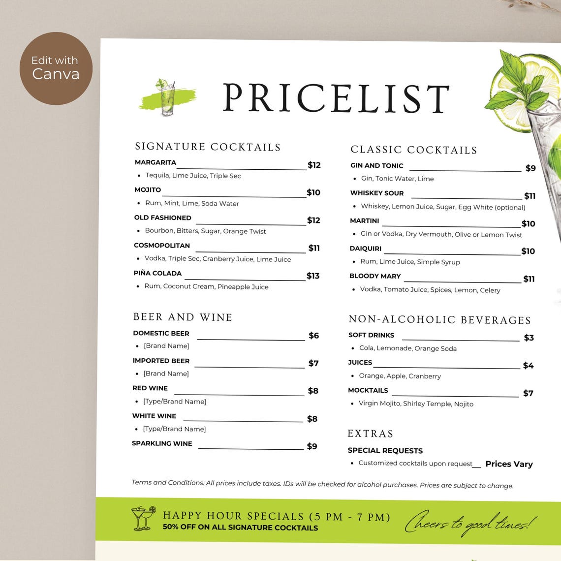 Mobile Bar Price List Template, Customizable Bar Menu, Cocktail Bar ...