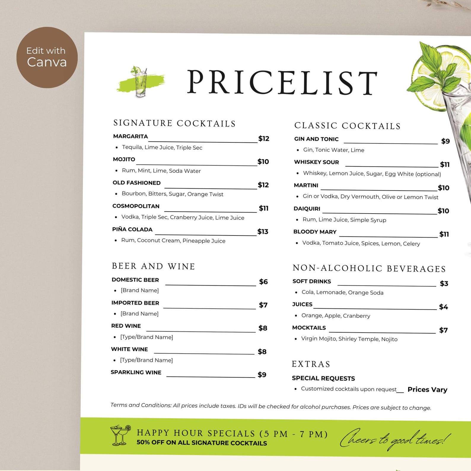 Mobile Bar Price List Template, Customizable Bar Menu, Cocktail Bar ...