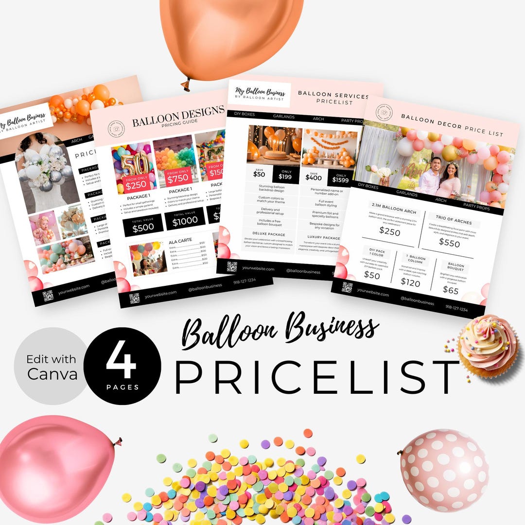 Balloon Artist Price Sheet Template, US Letter Size, Balloon Garland ...