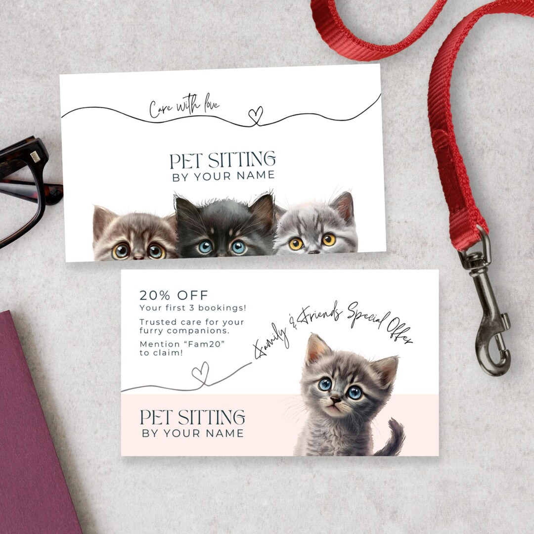 Cat Sitting Business Cards With Heart, Canva Template for Cat Sitter ...