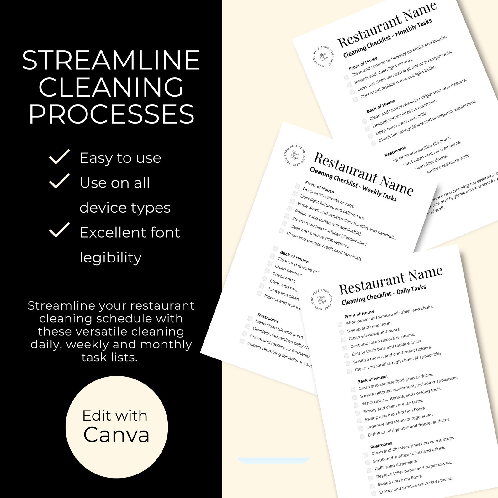 Restaurant Cleaning Checklist A4, Daily Tasks, Canva Template, Kitchen ...