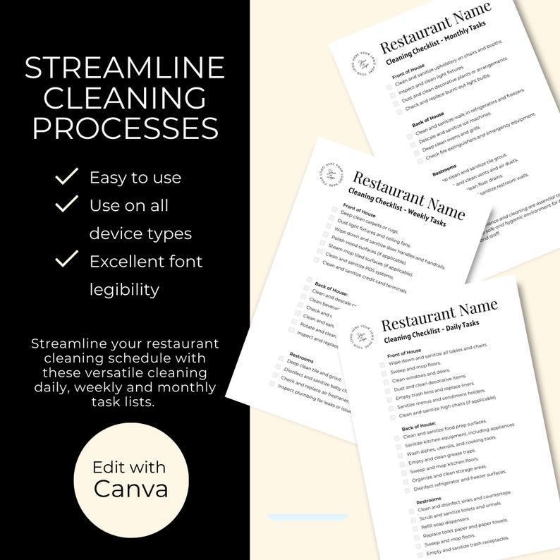 Restaurant Cleaning Checklist A4, Daily Tasks, Canva Template, Kitchen ...
