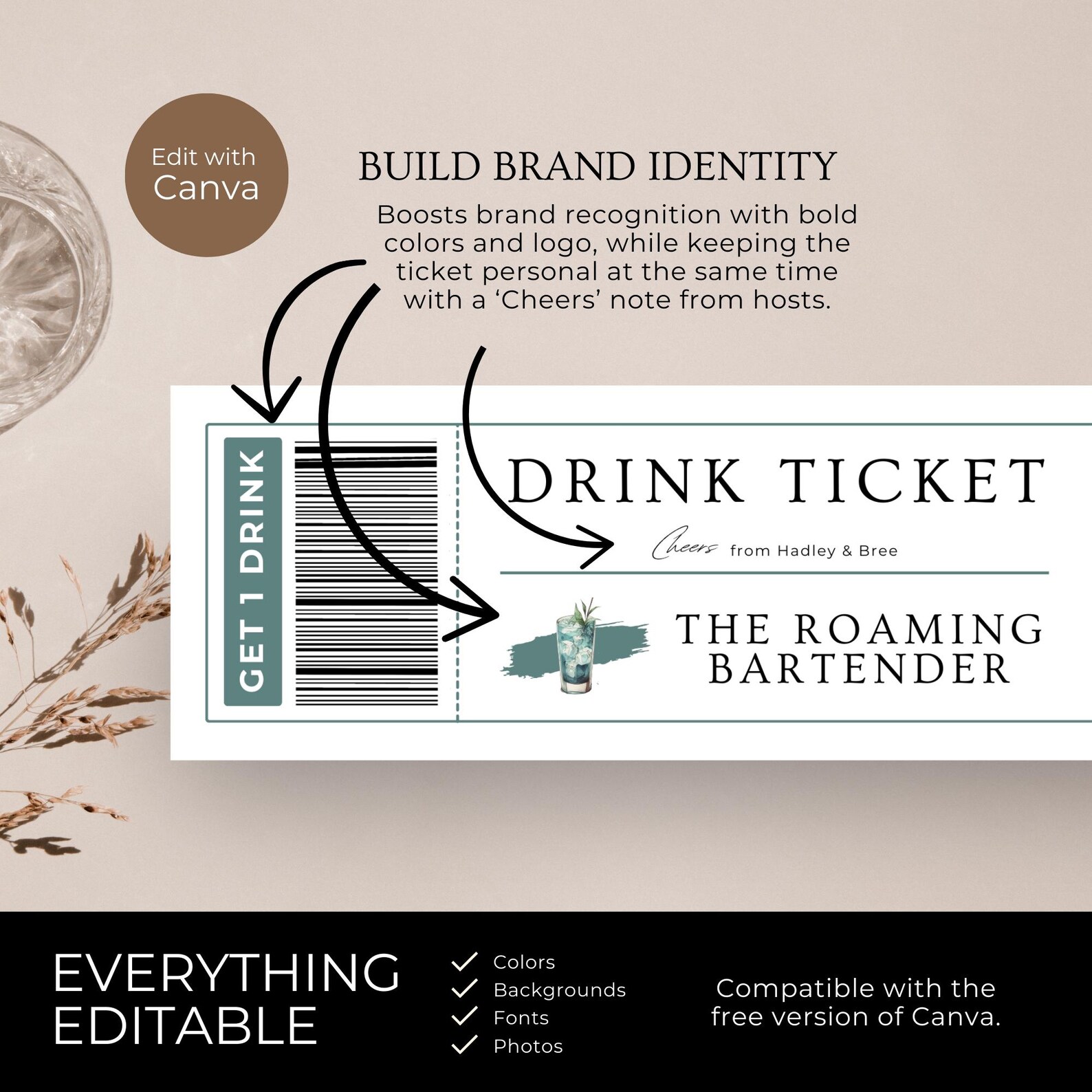 Mobile Bar Drink Ticket Canva Template, Wedding Drinks Token Voucher ...
