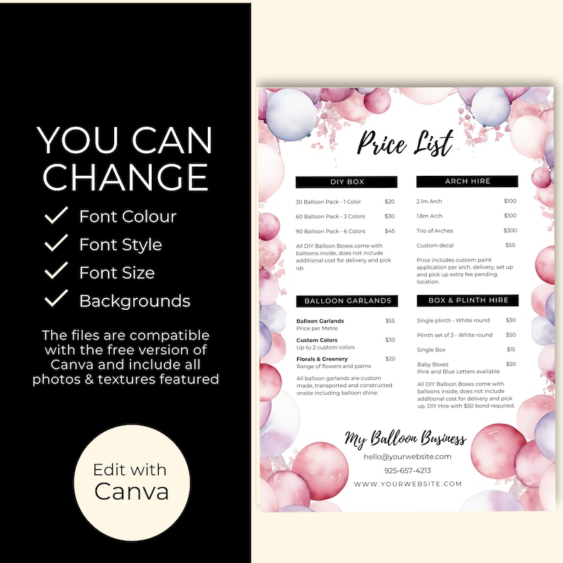 Balloon Business Pricing List A4, Balloon Menu, Balloon Garland Price ...
