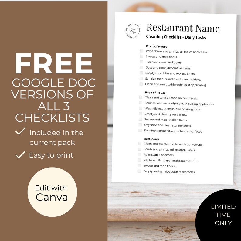 Restaurant Cleaning Checklist A4, Daily Tasks, Canva Template, Kitchen ...