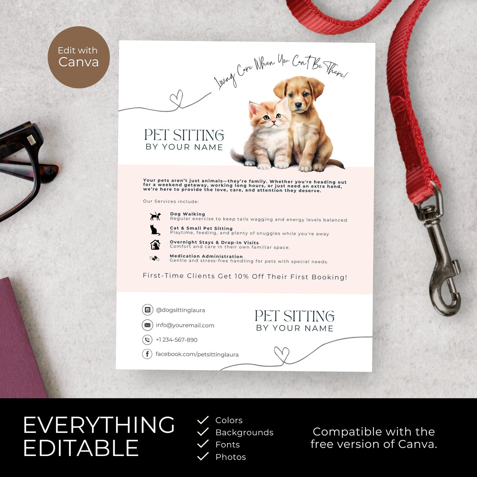Pet Sitter Flyer Canva Template With Heart, Cat and Dog Sitting Sheet ...
