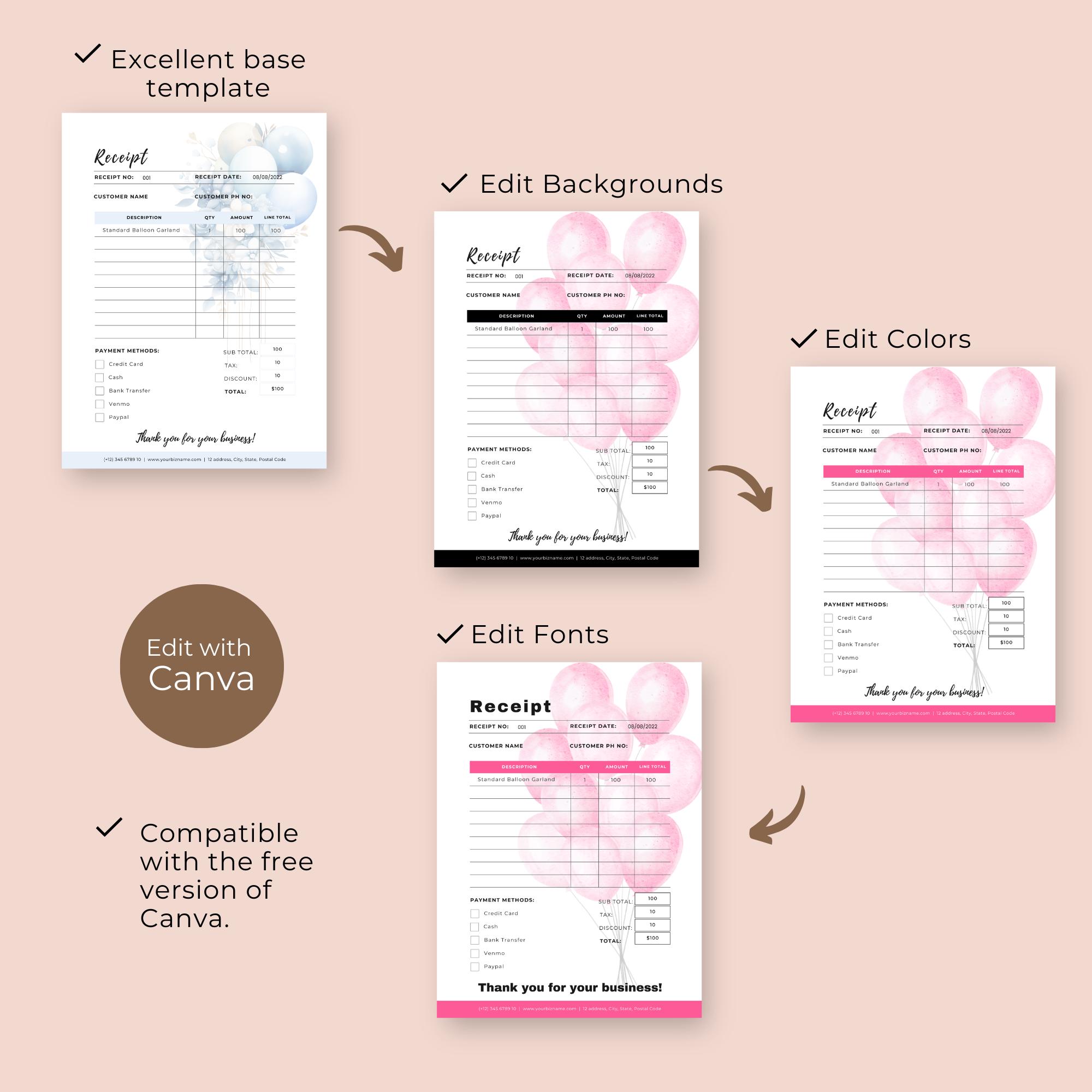 Balloon Artist Invoice Template, Editable Balloon Decor Receipt ...