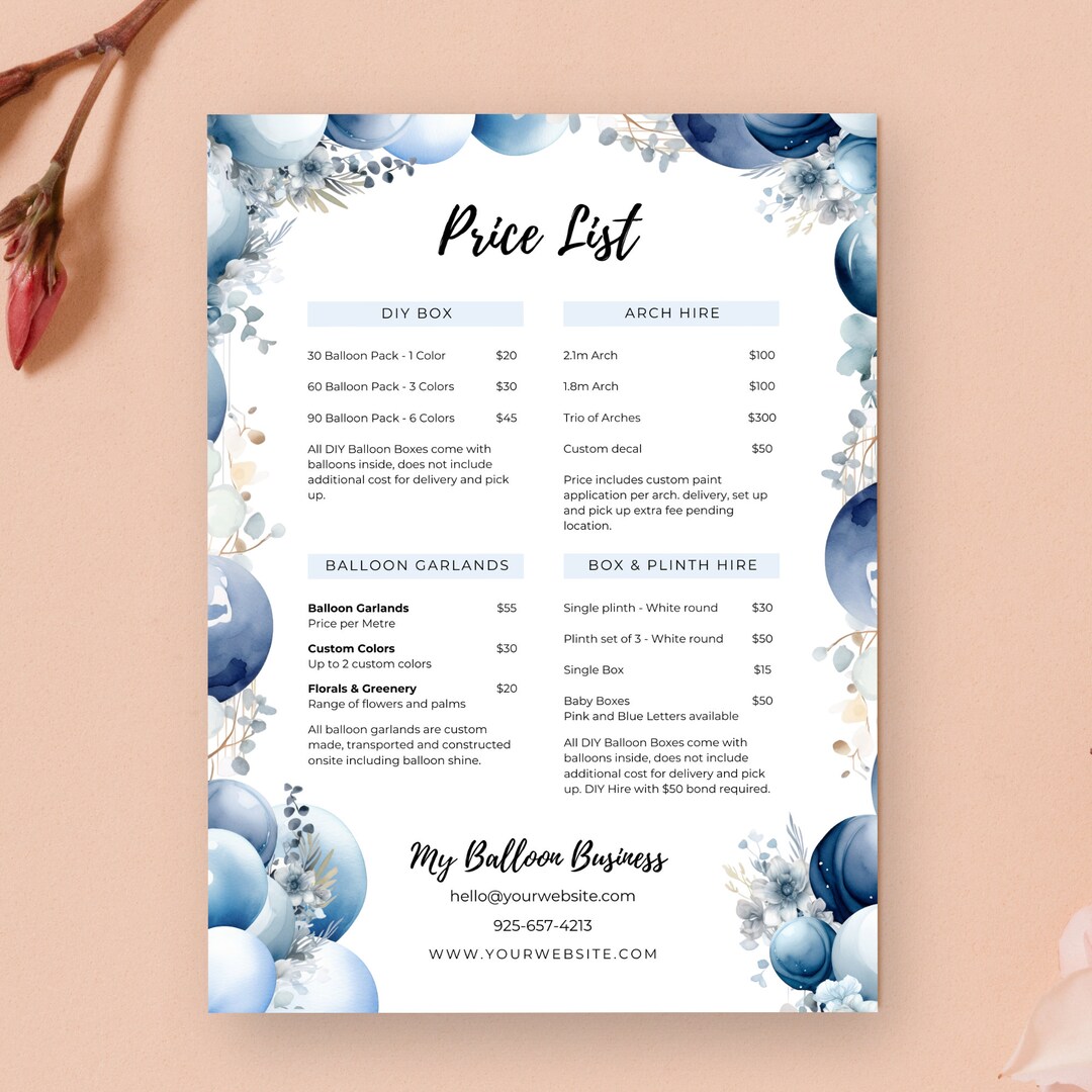 Balloon Garland Price List Canva Template, Balloon Services Navy Blue ...