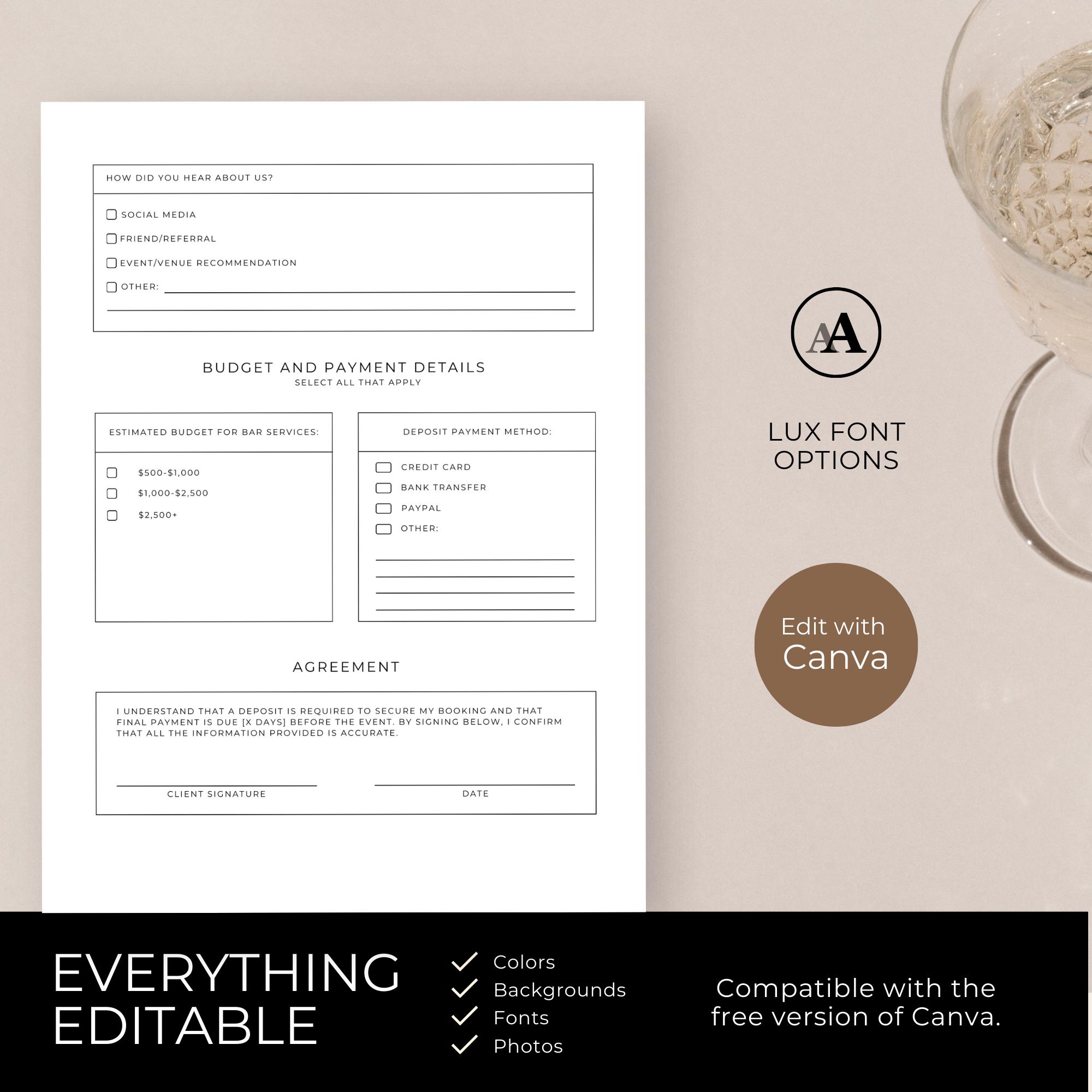 Mobile Bar Business Client Intake Form, Event Information Canva ...