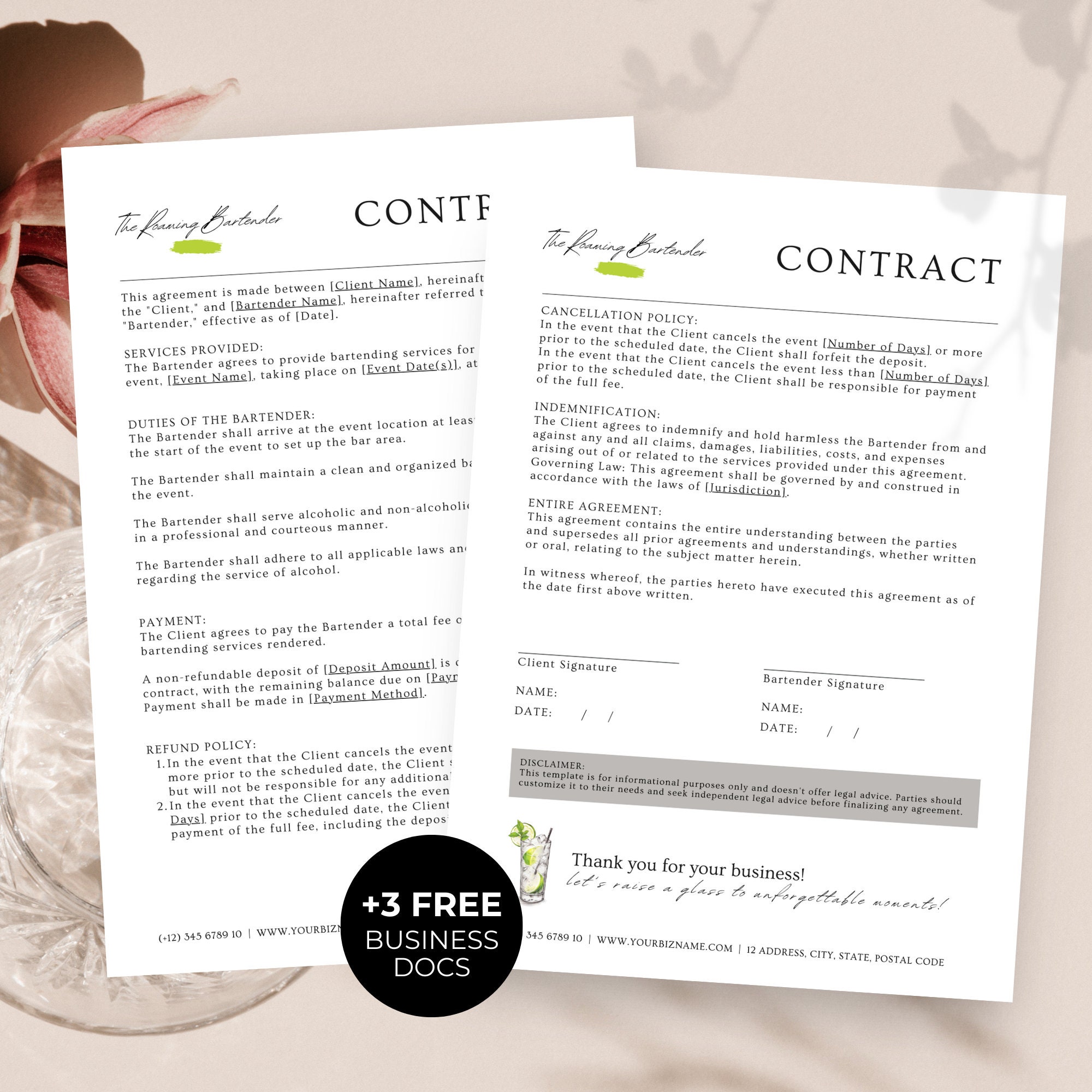 Bartending Contract Editable In Canva Mobile Bar Business Agreement