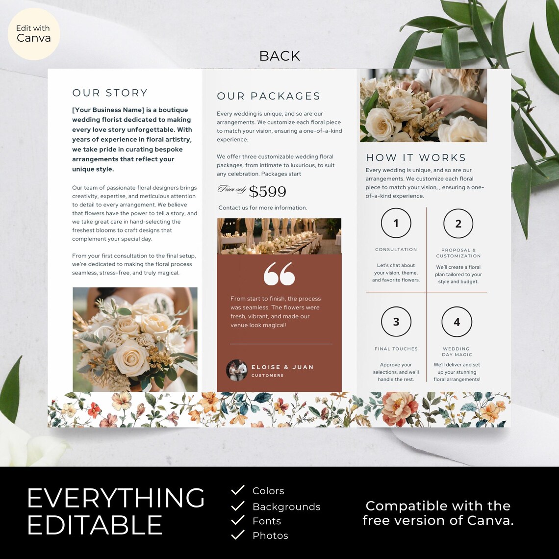 Wedding Florist Leaflet Canva Template, Boutique Flower Shop Trifold ...