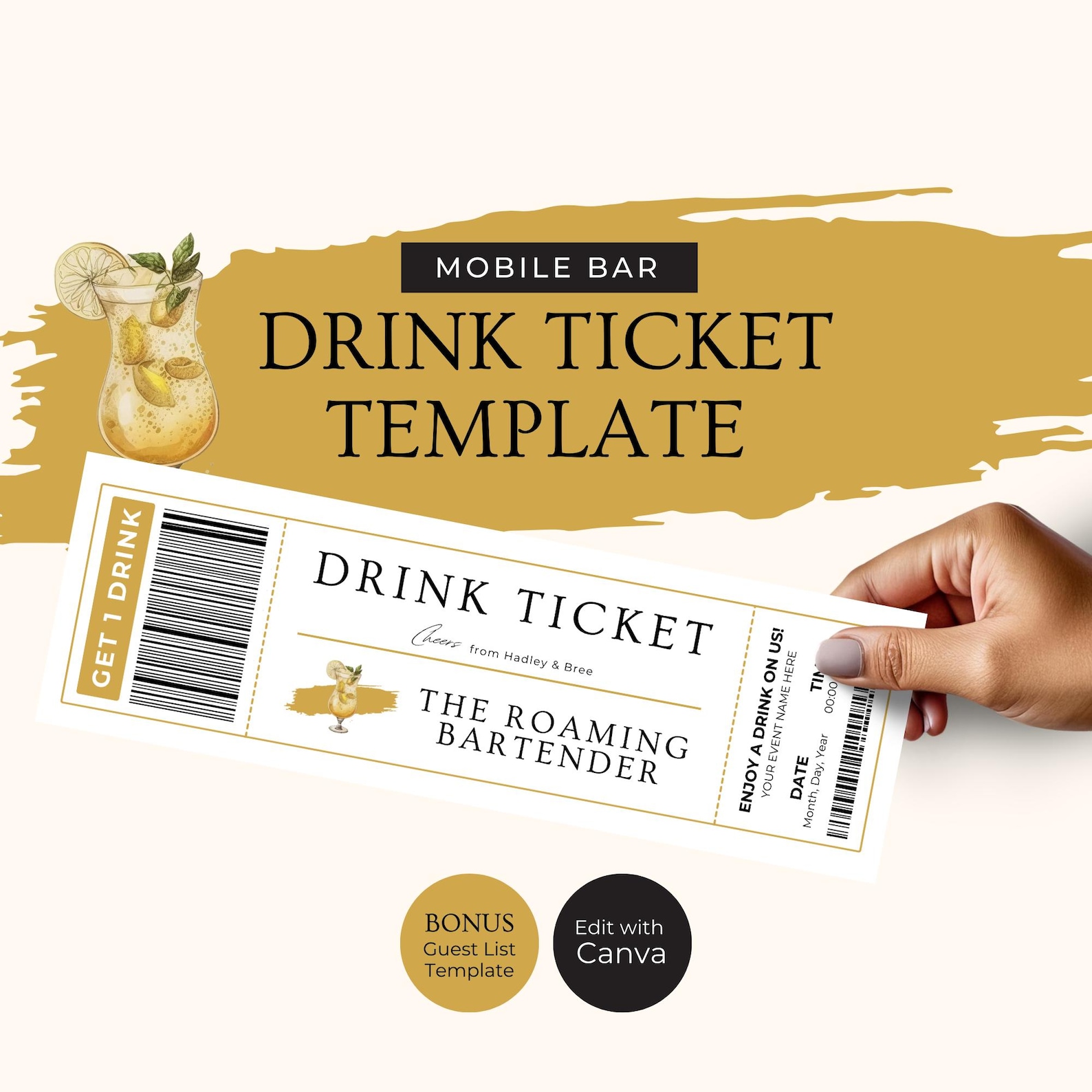 Mobile Bar Drink Ticket Canva Template, Wedding Drinks Token Voucher ...
