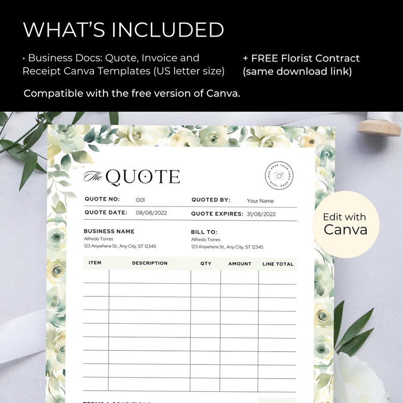 Wedding Florist Invoice Canva Template, Boutique Flower Shop Quotation ...