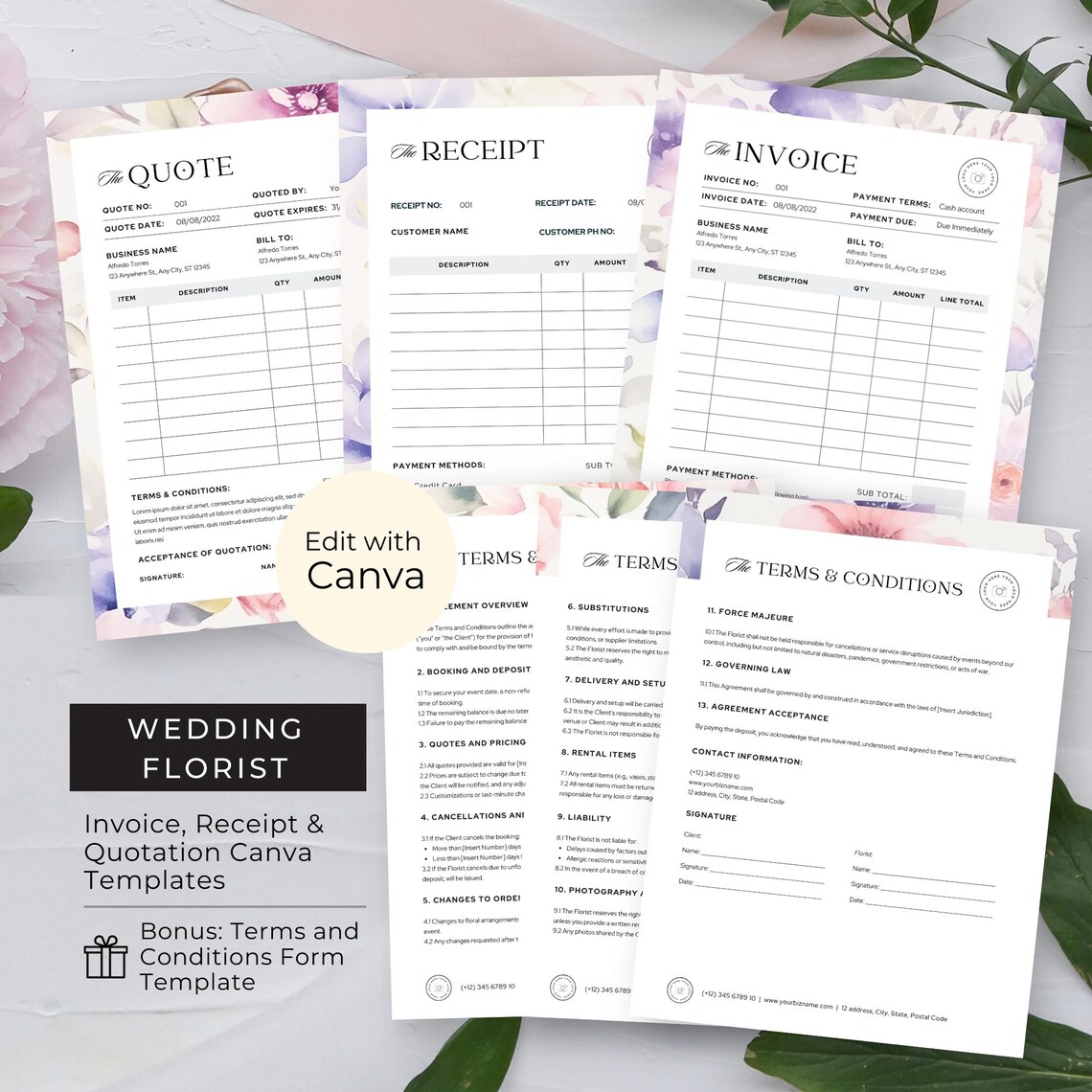 Wedding Florist Invoice Canva Template, Boutique Flower Shop Quotation ...