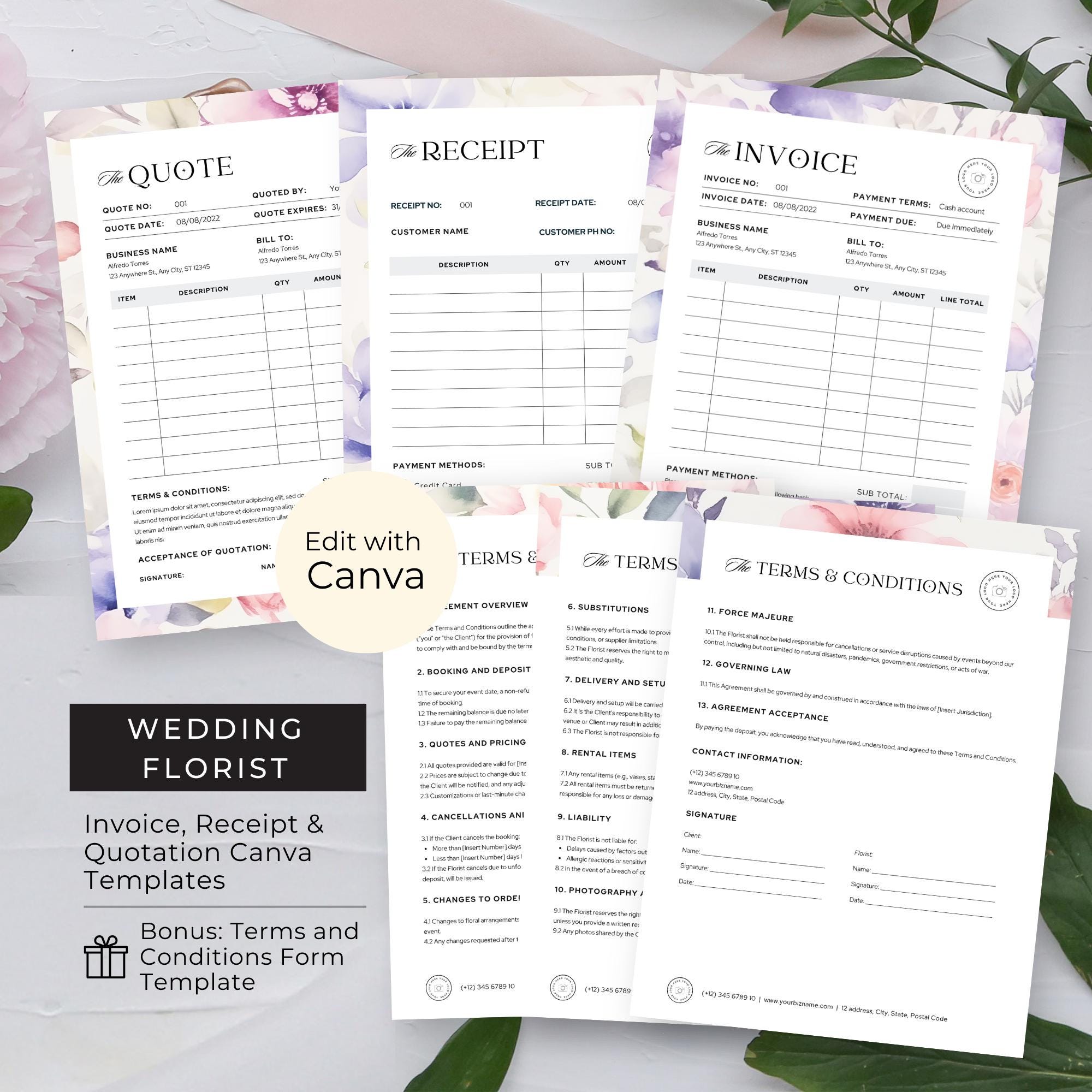 Wedding Florist Invoice Canva Template, Boutique Flower Shop Quotation ...