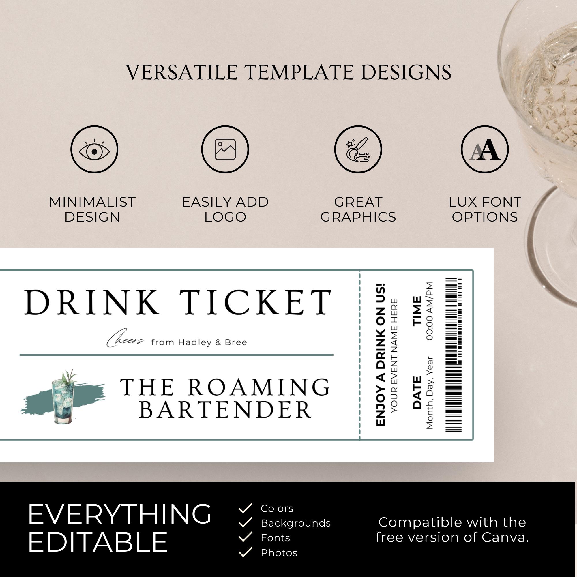 Mobile Bar Drink Ticket Canva Template, Wedding Drinks Token Voucher ...