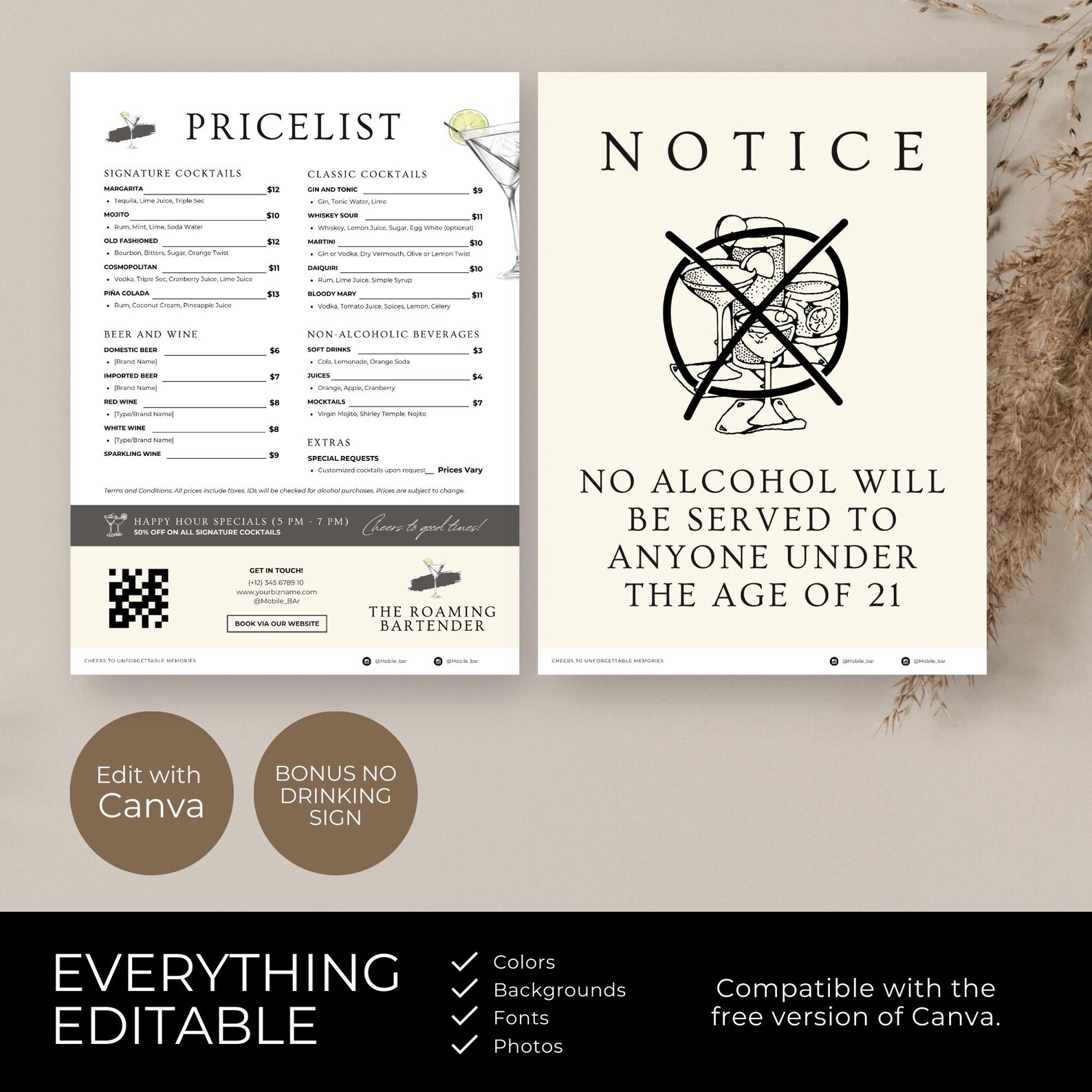 Mobile Bar Price List Template, Customizable Bar Menu, Cocktail Bar ...