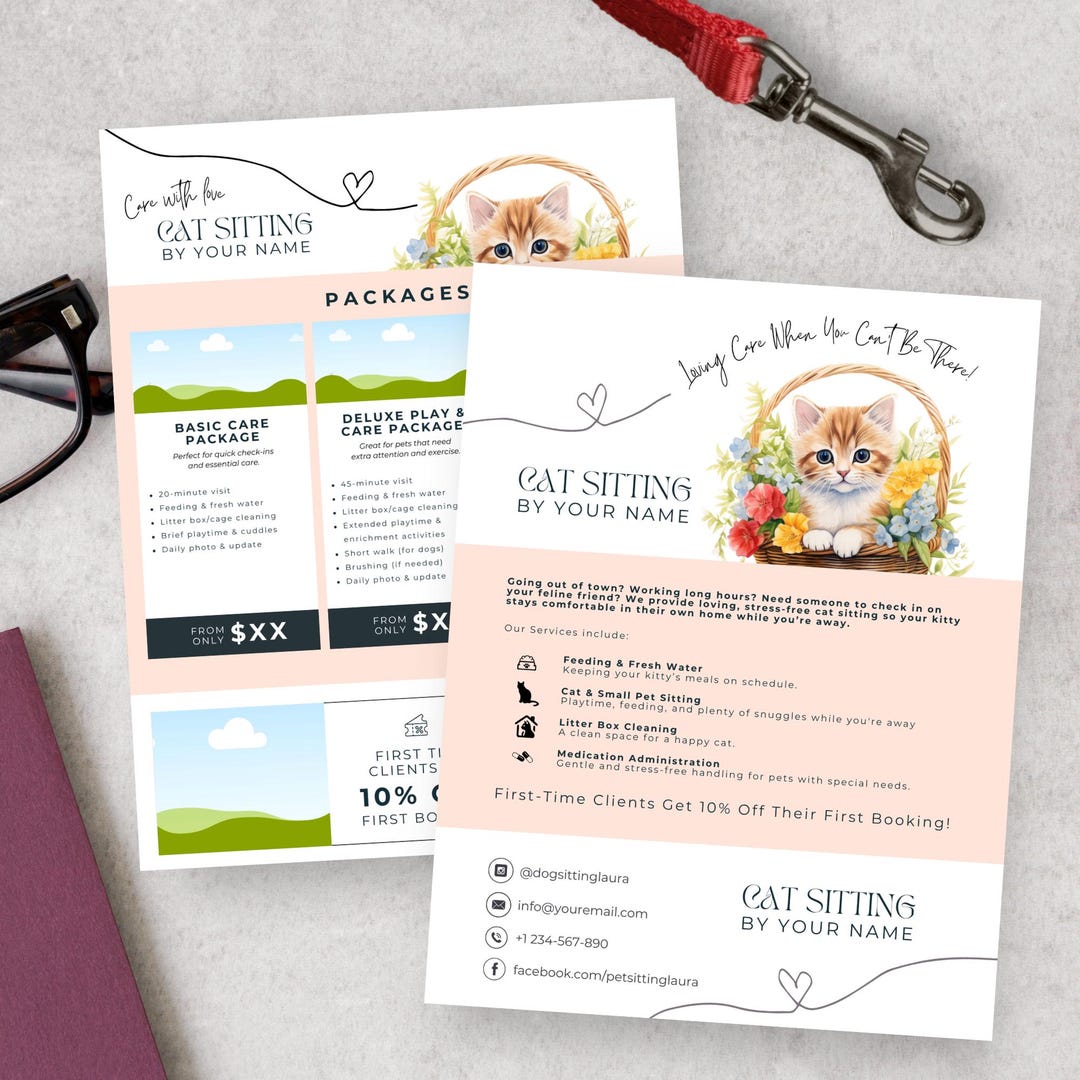Cat Sitter Flyer Canva Template With Heart, Cats Sitting Sheet, Kitty ...