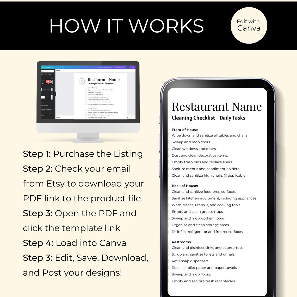 Restaurant Cleaning Checklist A4, Daily Tasks, Canva Template, Kitchen ...