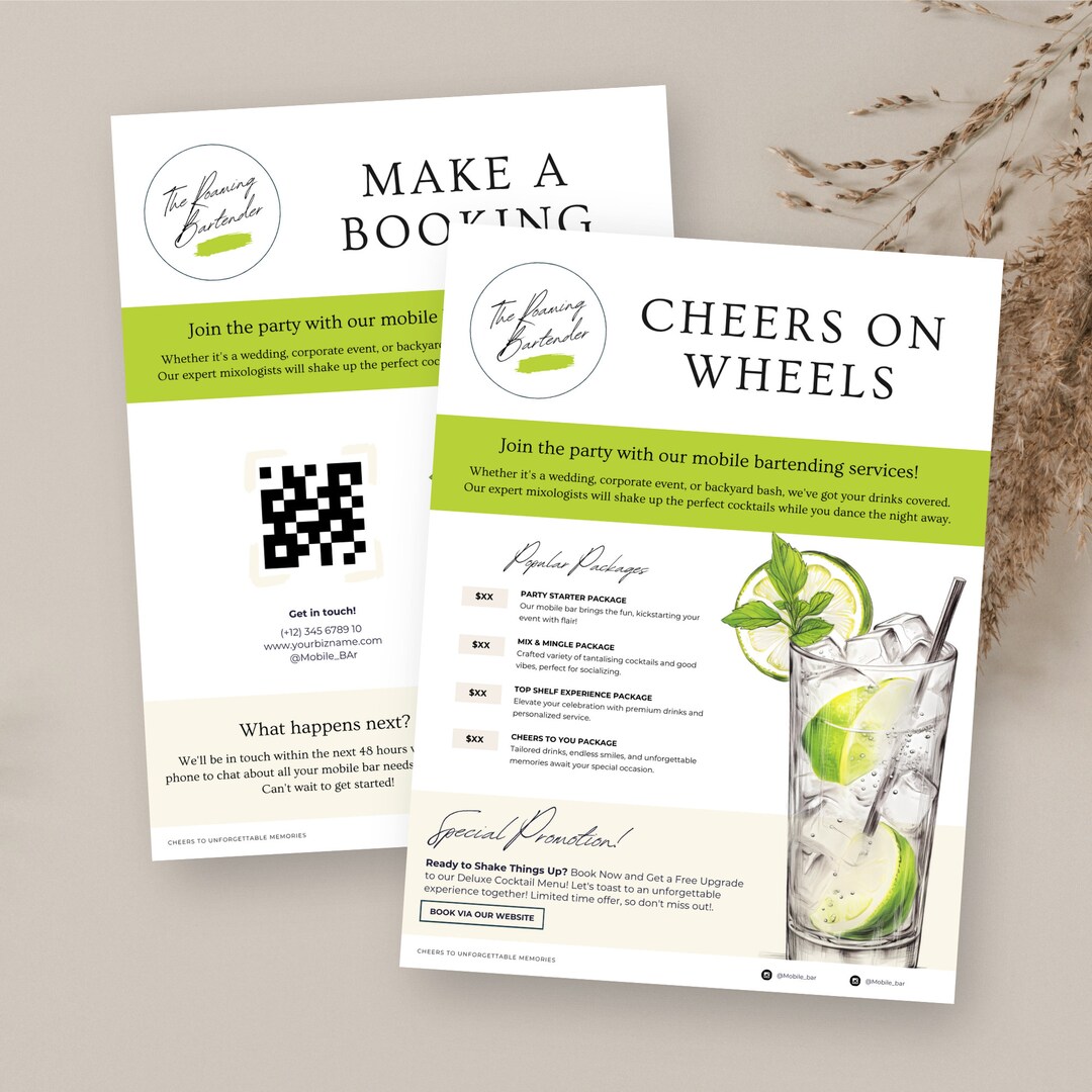 Bartending Business Flyer, Mobile Bar Products Sheet, Key Lime Branding ...