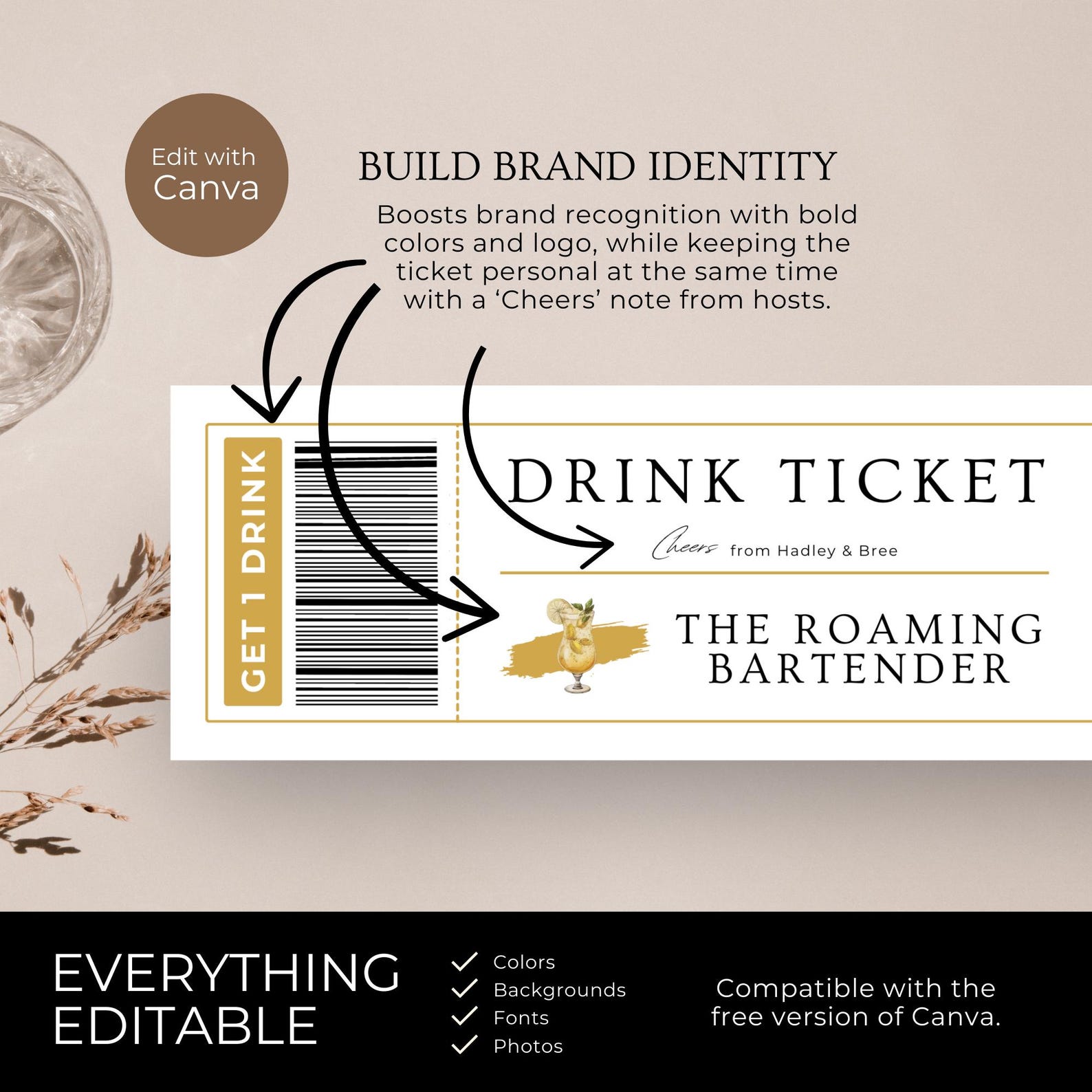 Mobile Bar Drink Ticket Canva Template, Wedding Drinks Token Voucher ...