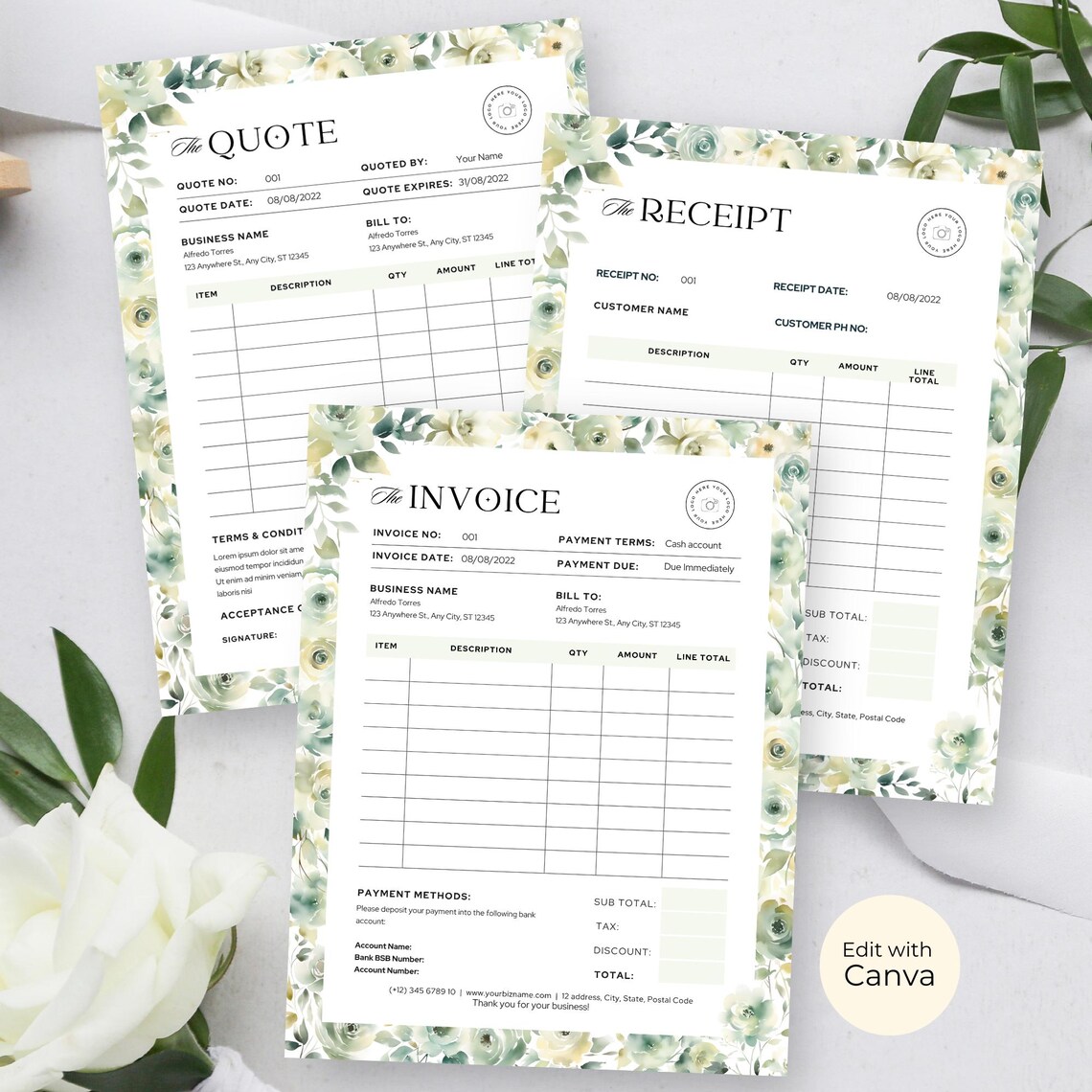 Wedding Florist Invoice Canva Template, Boutique Flower Shop Quotation ...
