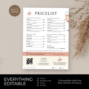 Mobile Bar Price List Template, Customizable Bar Menu, Cocktail Bar ...