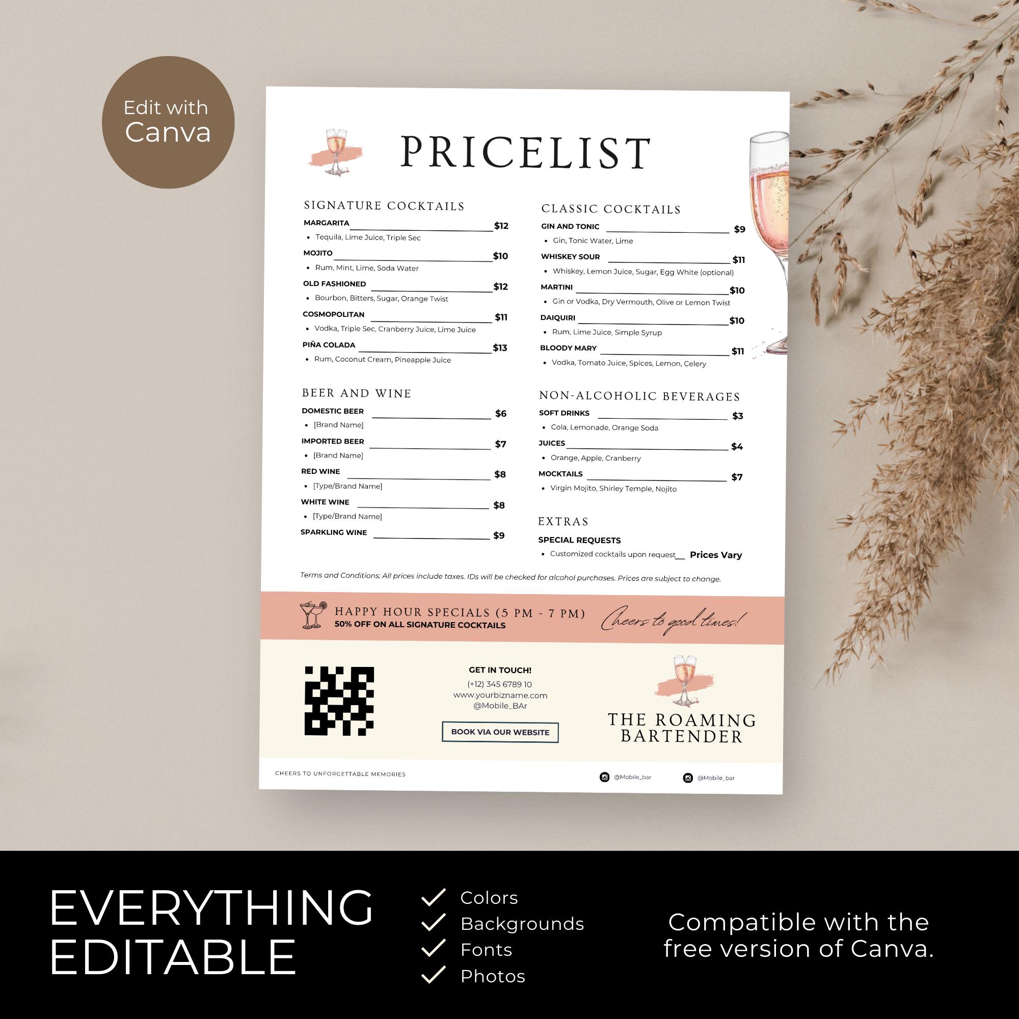 Mobile Bar Price List Template, Customizable Bar Menu, Cocktail Bar ...