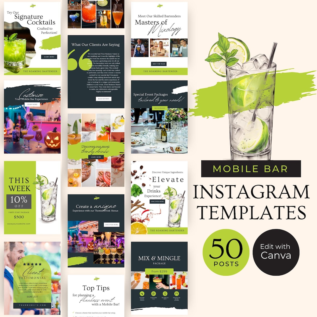 Mobile Bar Instagram Templates, Bartending Social Media Posts, DIY ...