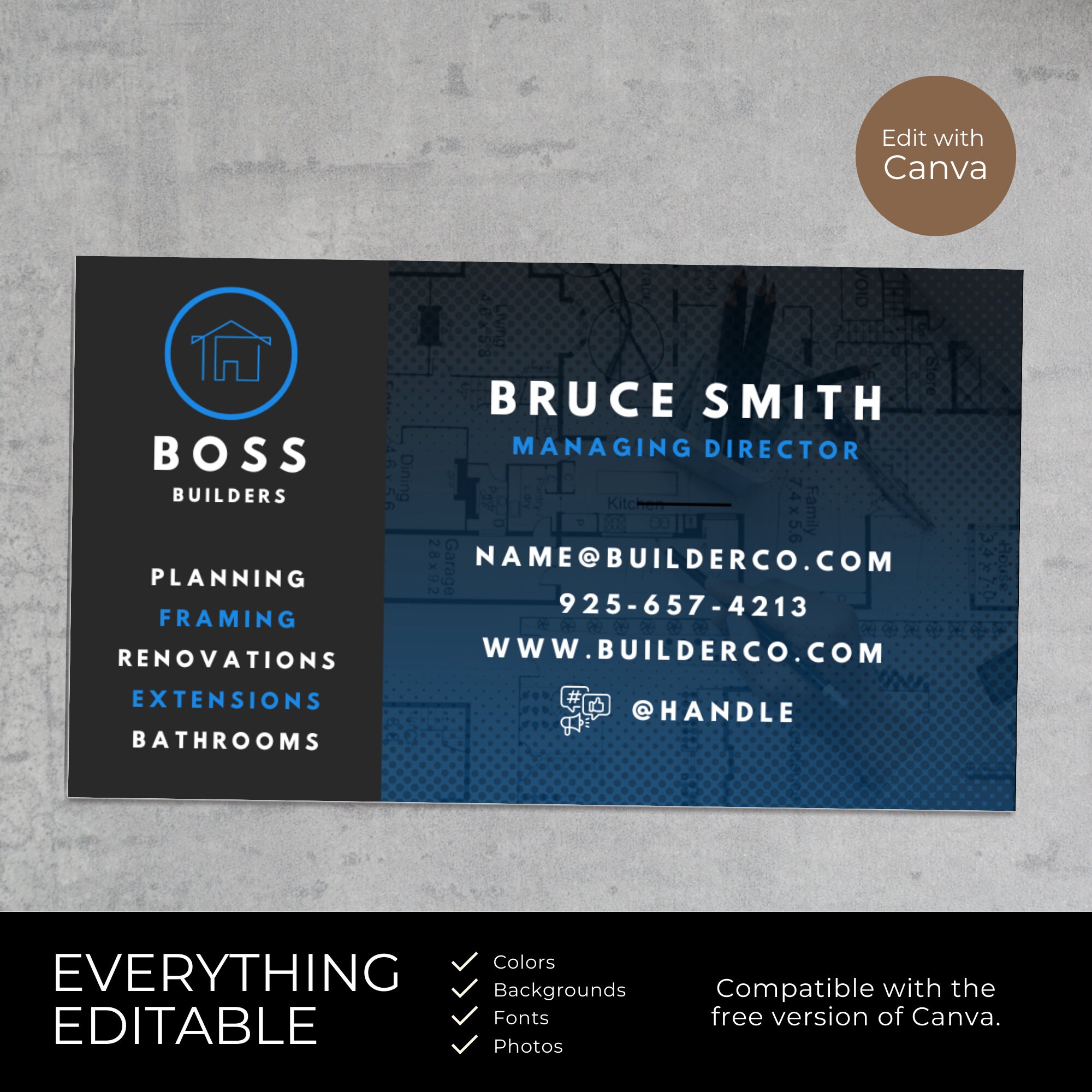 Construction Business Card Canva Template, 8.5x5cm, Small Business ...