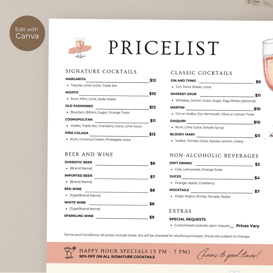 Mobile Bar Price List Template, Customizable Bar Menu, Cocktail Bar ...
