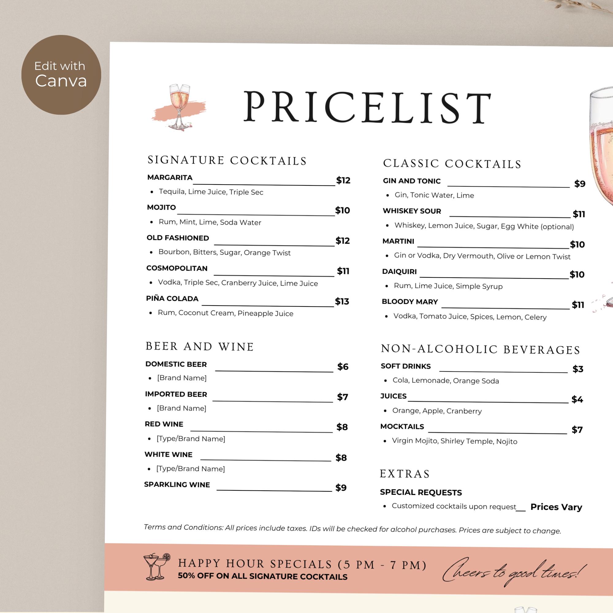 Mobile Bar Price List Template, Customizable Bar Menu, Cocktail Bar ...