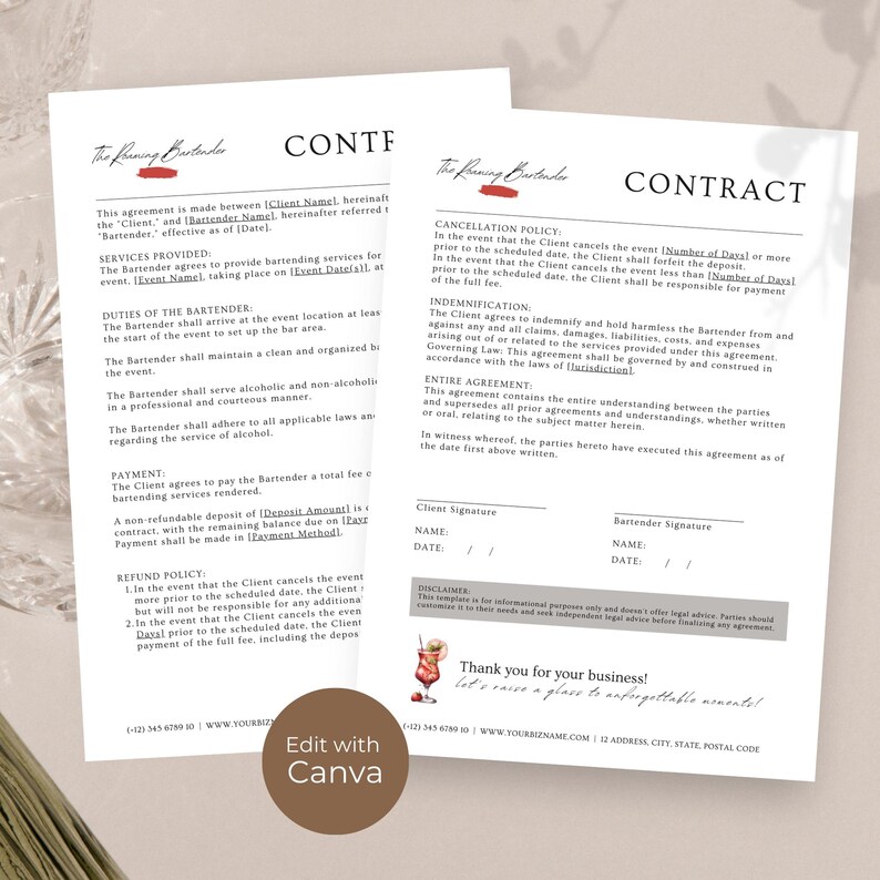 Mobile Bar Business Contract Template, Editable in Canva, Freelance ...