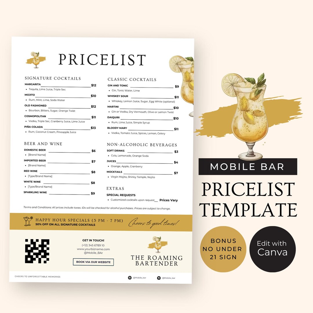 Mobile Bar Price List Template, Customizable Bar Menu, Cocktail Bar ...
