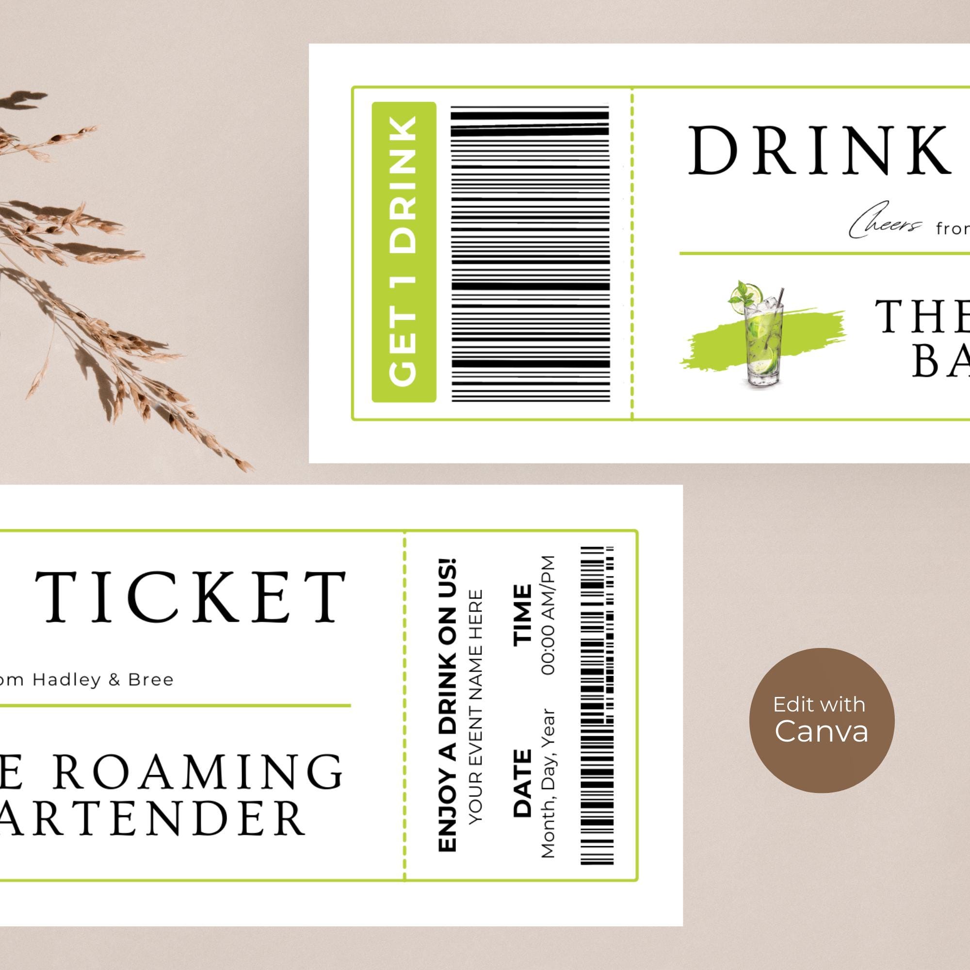 Mobile Bar Drink Ticket Canva Template, Wedding Drinks Token Voucher ...