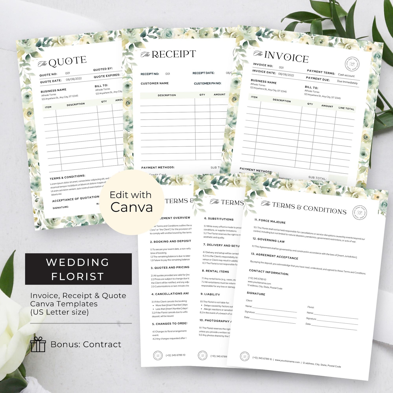 Wedding Florist Invoice Canva Template, Boutique Flower Shop Quotation ...