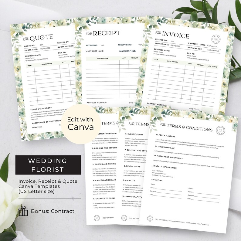 Wedding Florist Invoice Canva Template, Boutique Flower Shop Quotation ...