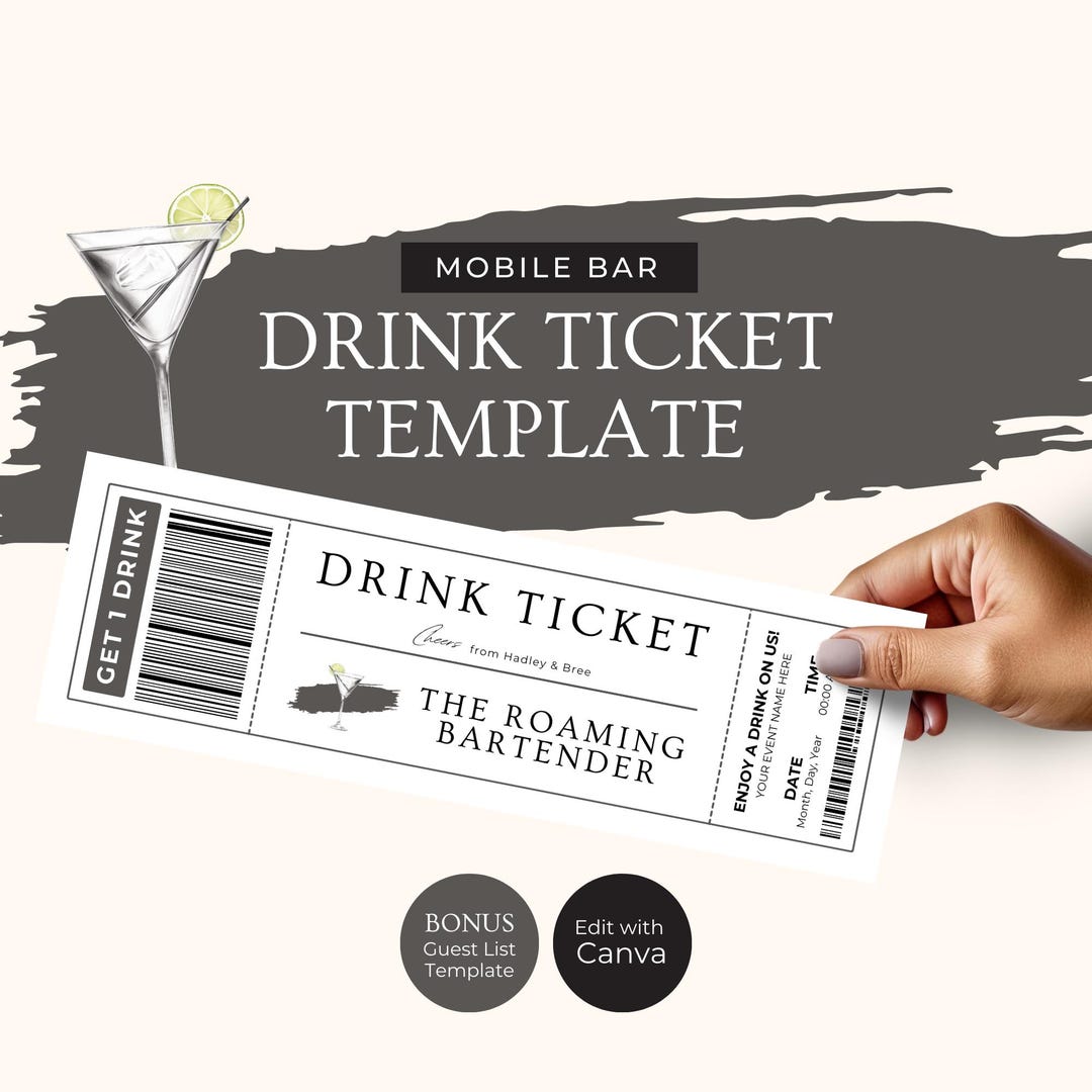 Mobile Bar Drink Ticket Canva Template, Wedding Drinks Token Voucher ...