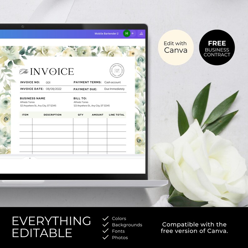 Wedding Florist Invoice Canva Template, Boutique Flower Shop Quotation ...